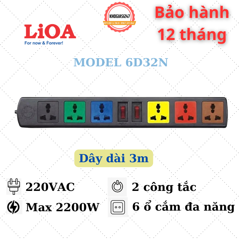 Ổ cắm điện kéo dài LiOA 6 ổ cắm đa năng 2 công tắc nguồn, công suất tối đa 2200W, dây nối 3m, ổ ...