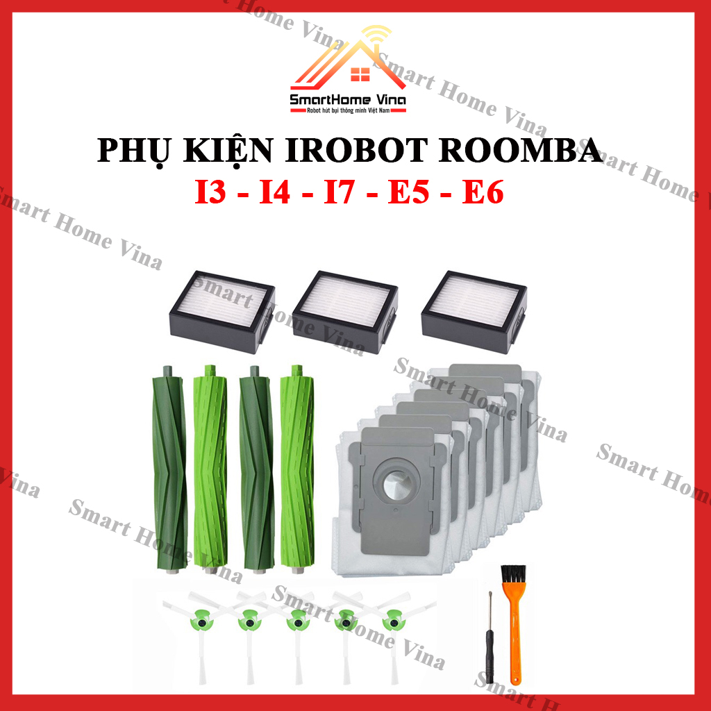 Phụ kiện robot hút bụi Irobot Roomba I3, I4, I7, E5, E6. Lọc bụi, chổi cạnh, chổi giữa, túi rác ...