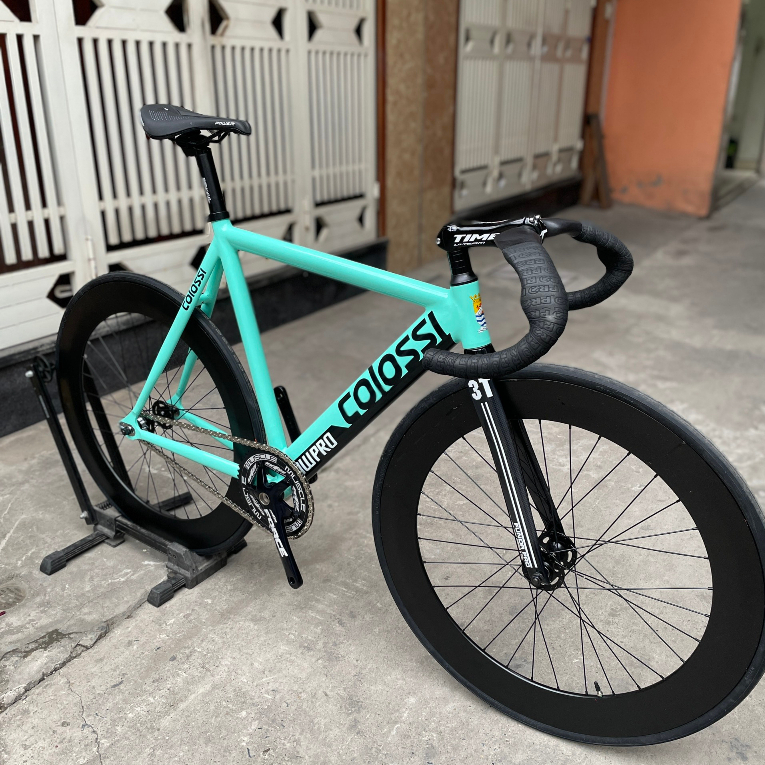 Xe đạp Fixed Gear Colossi xanh bianchi vành 7cm, đùi rỗng Force, ghi ...