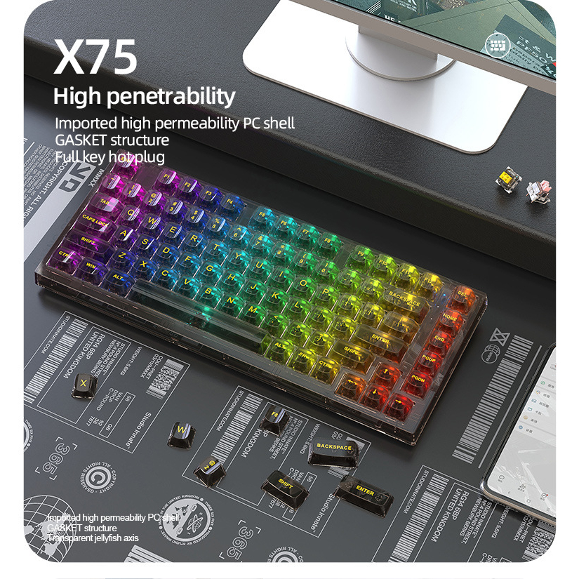 Bàn Phím Cơ Xingmeng X75 RGB Clear Pro, Gasket Mount, Lót Silicon, Mod ...