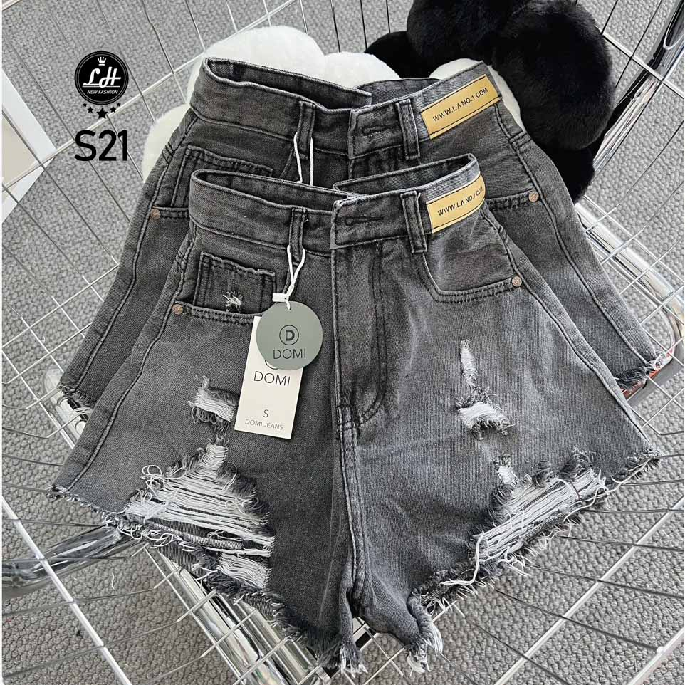 Quần short jean nữ màu xám cạp cao có tag rách te tua Lê Huy Fashion MS ...