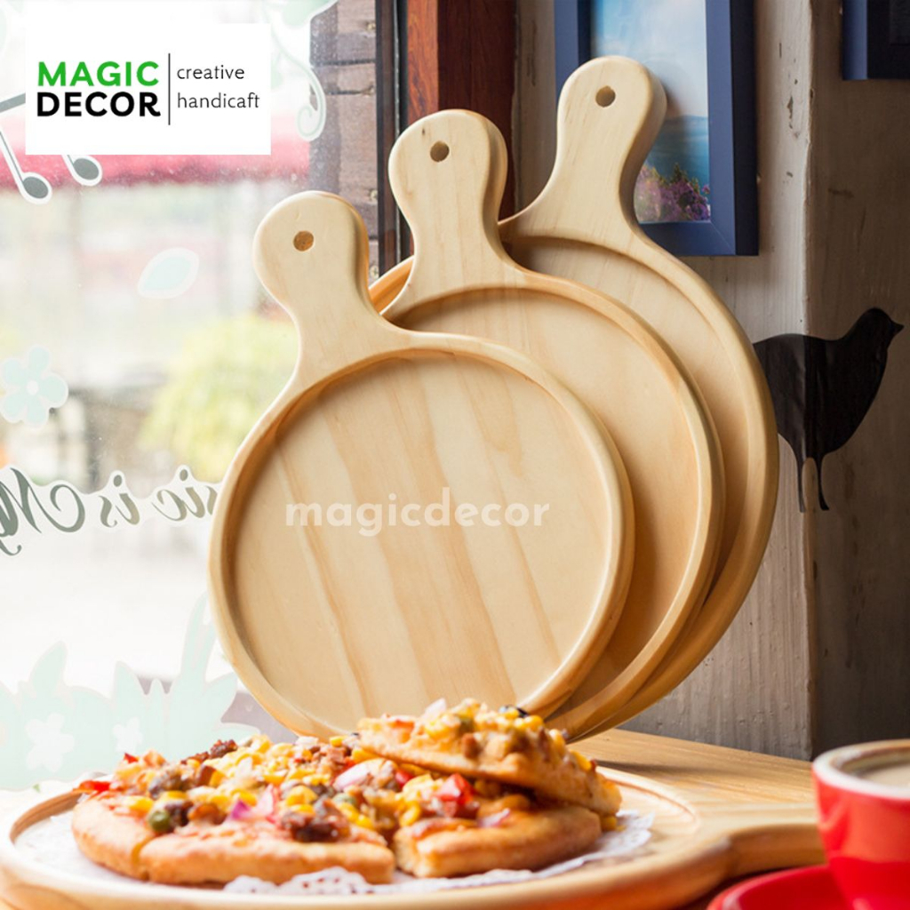 Khay gỗ tròn đựng pizza có tay cầm, decor chụp ảnh sản phẩm ...