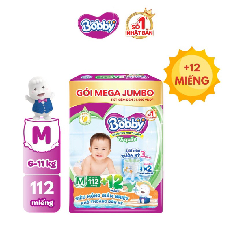 TÃ QUẦN BOBBY SIZE M GÓI JUMBO SIÊU TIẾT KIỆM 112+12Miếng | Shopee Việt Nam