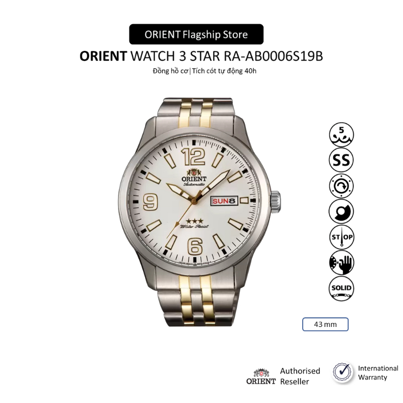 Đồng hồ cơ nam Orient Watch 3 Star RA-AB0006S19B automatic mặt kính cường lực chống nước dây ...