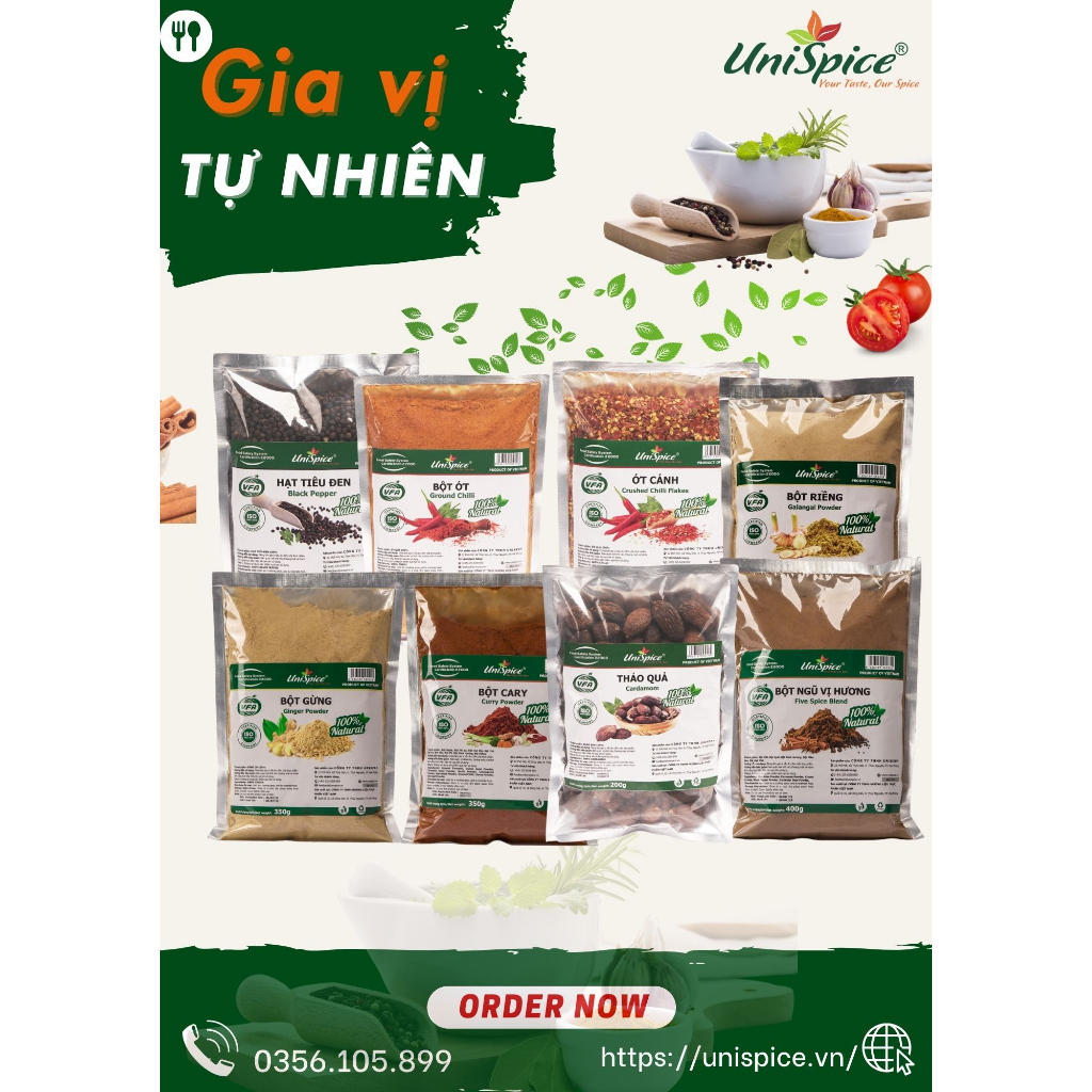 Gia vị tự nhiên ( nguyên chất) Unispice ( tỏi, sả, gừng, nghệ, ớt, hành...) phân loại đóng gói ...