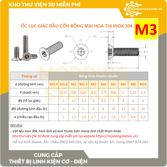 Ốc Lục giác đầu CÔN BÔNG MAI HOA THỊ inox 304 size M3x4, M3x6, M3x8 ...