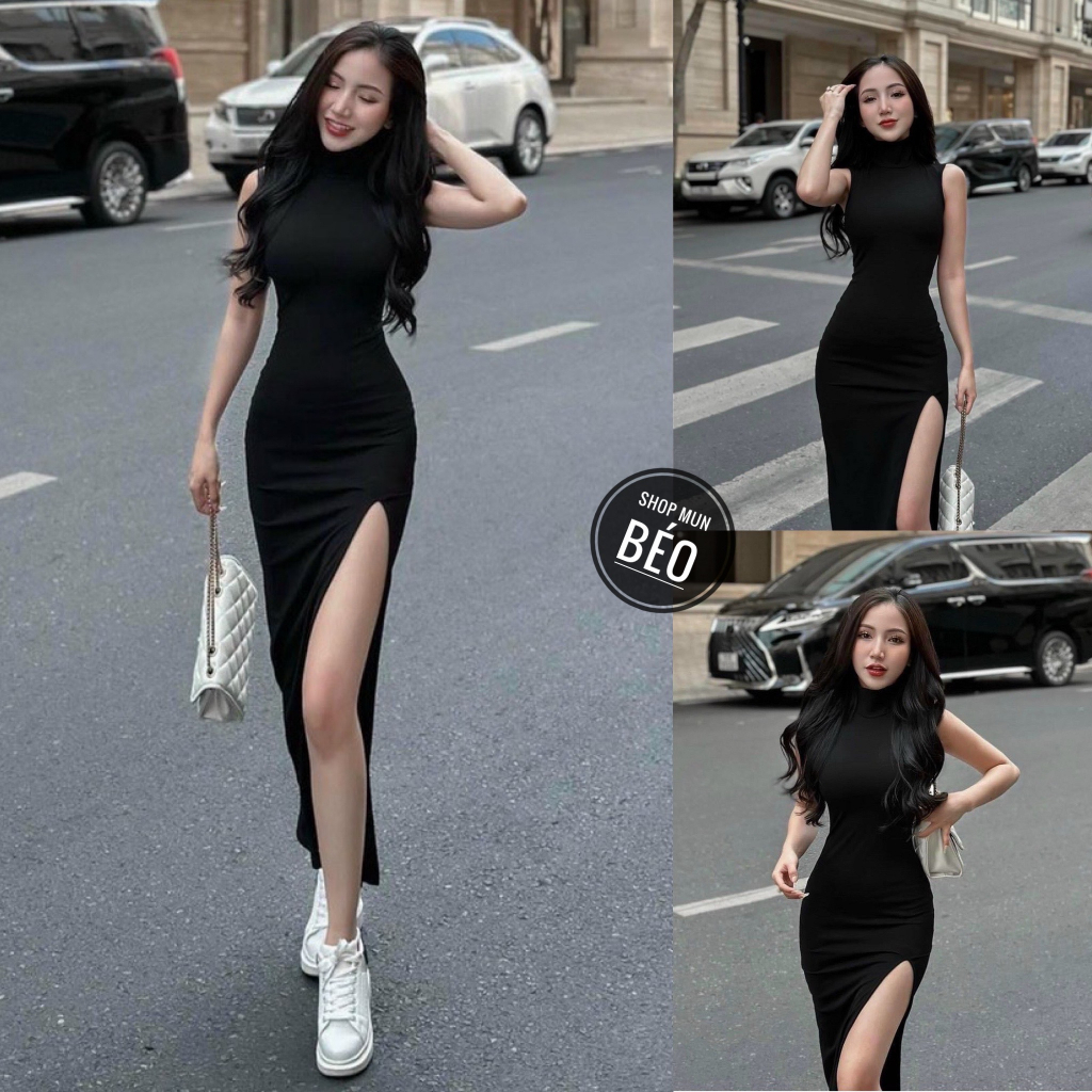 Đầm body cổ lọ sát nách xẻ đùi phom dài chất thun borip thích hợp mặc đi làm đi chơi phù hợp với ...