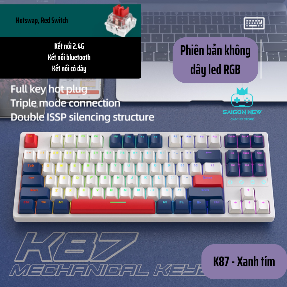 Bàn phím cơ không dây Hotswap K87 tặng kèm cáp Type C - Keycap xuyên led - Có phiên bản không ...