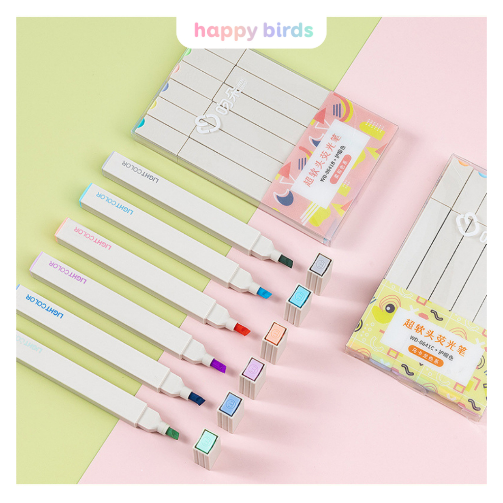 Bút Highlight set 6 bút dạ quang màu Pastel thân trắng 1 đầu vát đánh ...