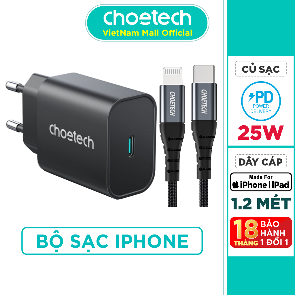 Combo Củ Sạc Nhanh 25W CHOETECH PD6003 Và Cáp Type C to Lightning MFI 20W Dây Nylon Dài 1.2m ...