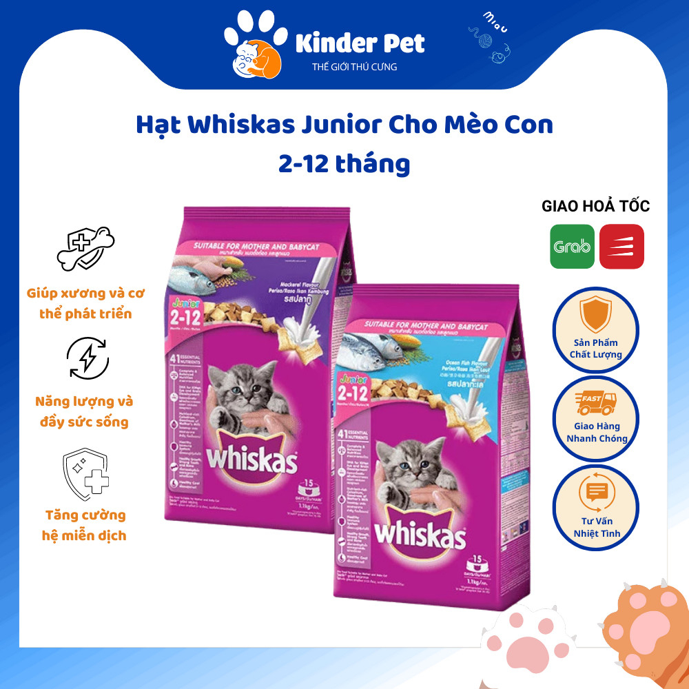 Thức ăn hạt khô Whiskas Junior vị cá cho mèo con 2 - 12 tháng tuổi túi 1,1kg và 450g - Kinder ...