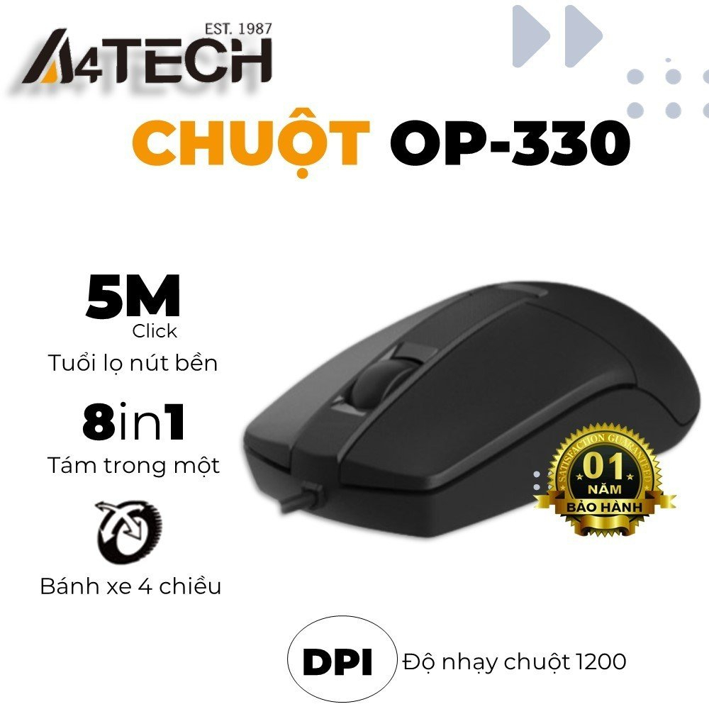 Chuột có dây A4 Tech OP-330, Độ phân giải 1000 DPI, Chiều dài dây 150 ...