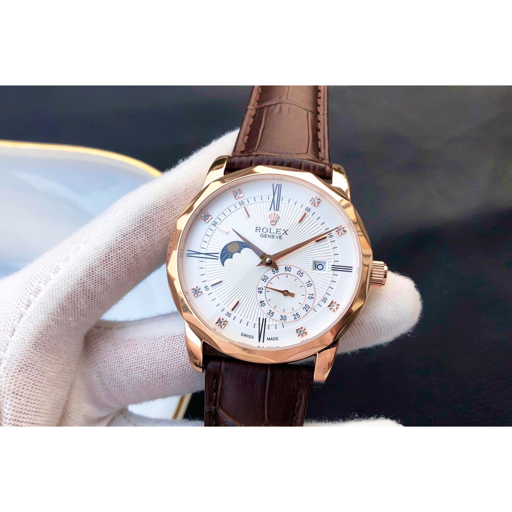 Đồng Hồ Cơ Nam Rolex Sun Moon Automatic Kim Cương Dây Da Lịch Ngày Cao ...