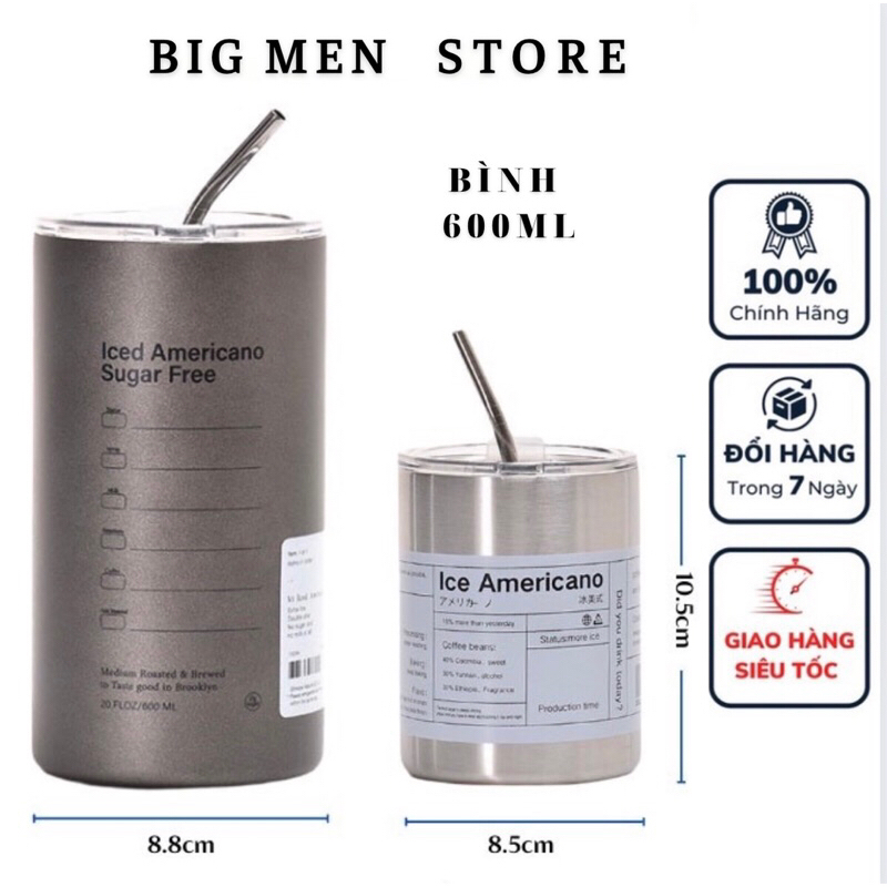 Bình đựng nước giữ nhiệt Iced Americano có ống hút dung tích 600ml, ly cốc giữ nhiệt inox 304 ...