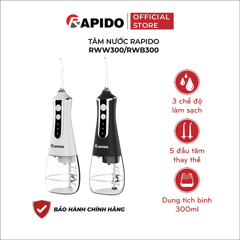 Máy tăm nước cầm tay Rapido 300ML công nghệ Đức công suất 5W với 5 đầu ...