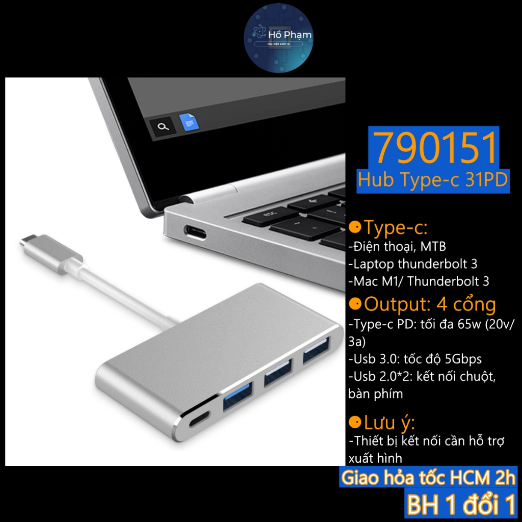 Hub Type c ra 3 cổng usb 3.0 và 1 cổng sạc PD có hỗ trợ Thunderbolt 3/ ...