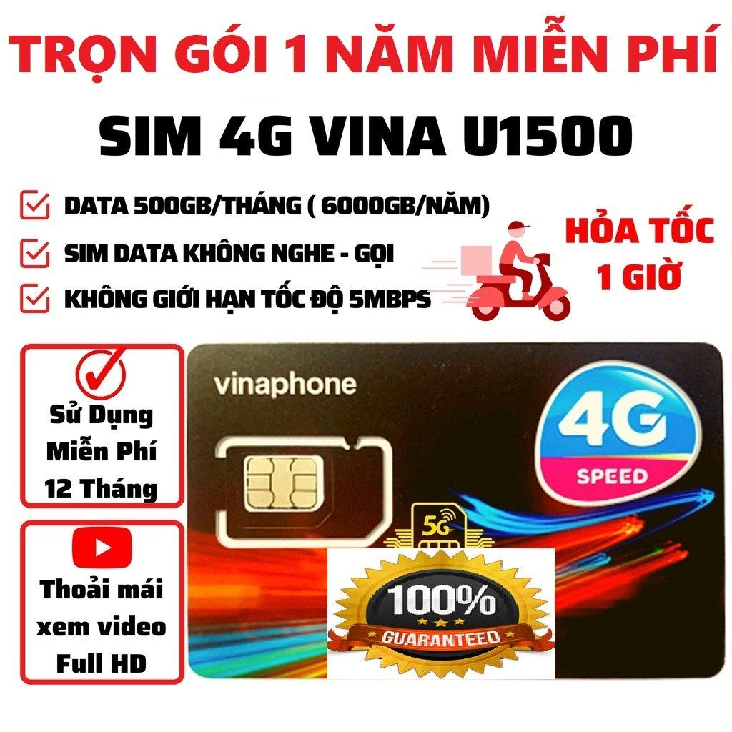 [ TRỌN GÓI 1 NĂM KHÔNG NẠP TIỀN] SIM 4G VINA U1500 TẶNG 500GB/THÁNG ...