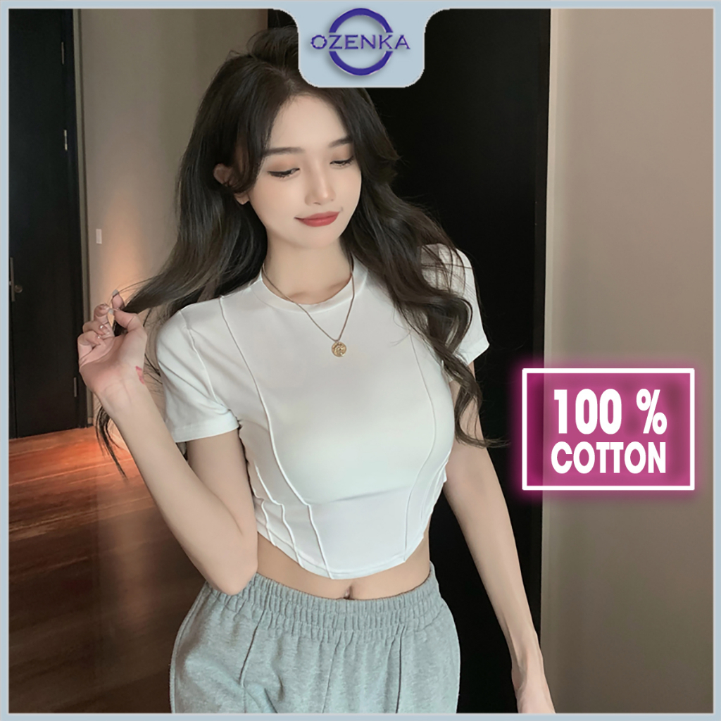 Áo baby tee croptop tay ngắn Ozenka , áo thun nữ vạt bầu gợi cổ tròn gợi cảm cotton màu đen ...