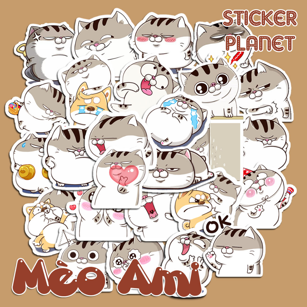 Sticker mèo ami bụng bự cute trang trí mũ bảo hiểm, máy tính điện thoại, đồ dùng học tập, ván ...