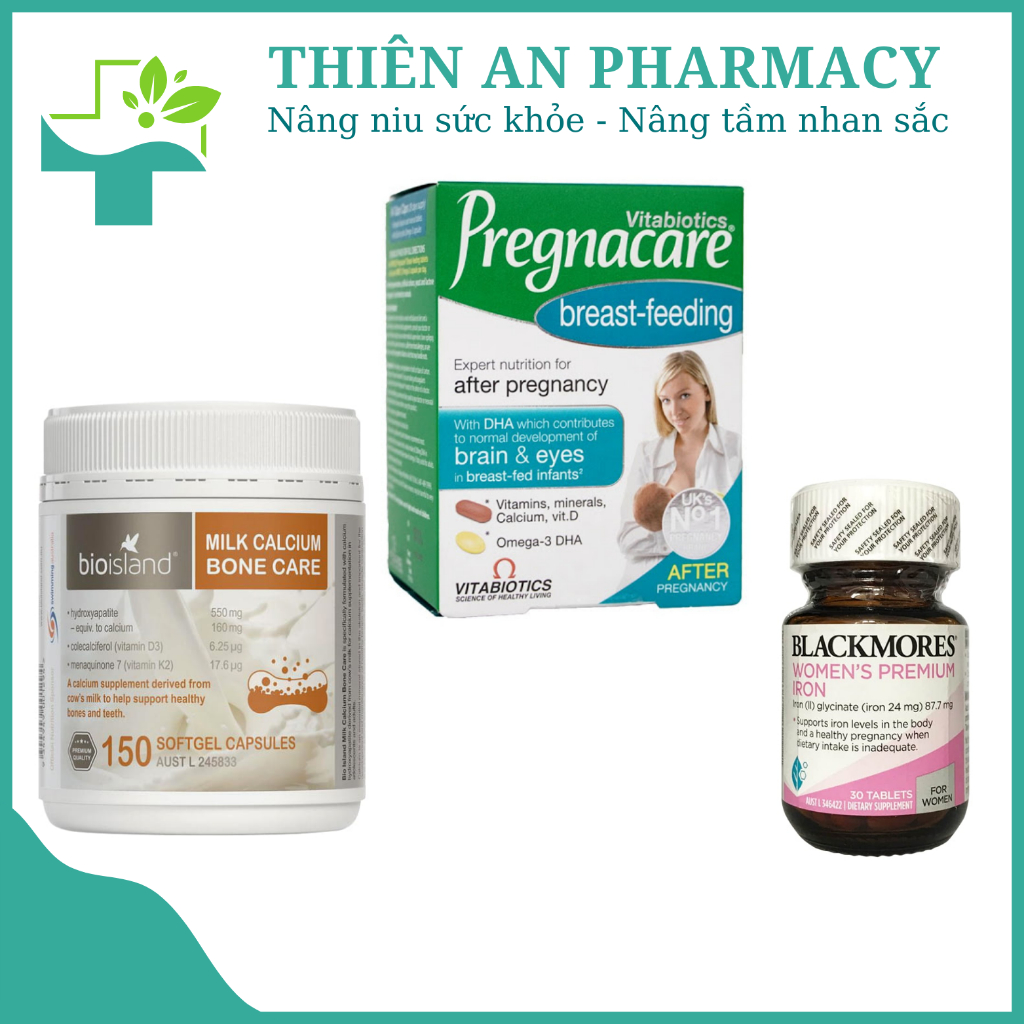 Combo cho mẹ sau sinh (DHA Bioisland, Pregnacare breast-feeding, Sắt Blackmores, Canxi Bioisland ...