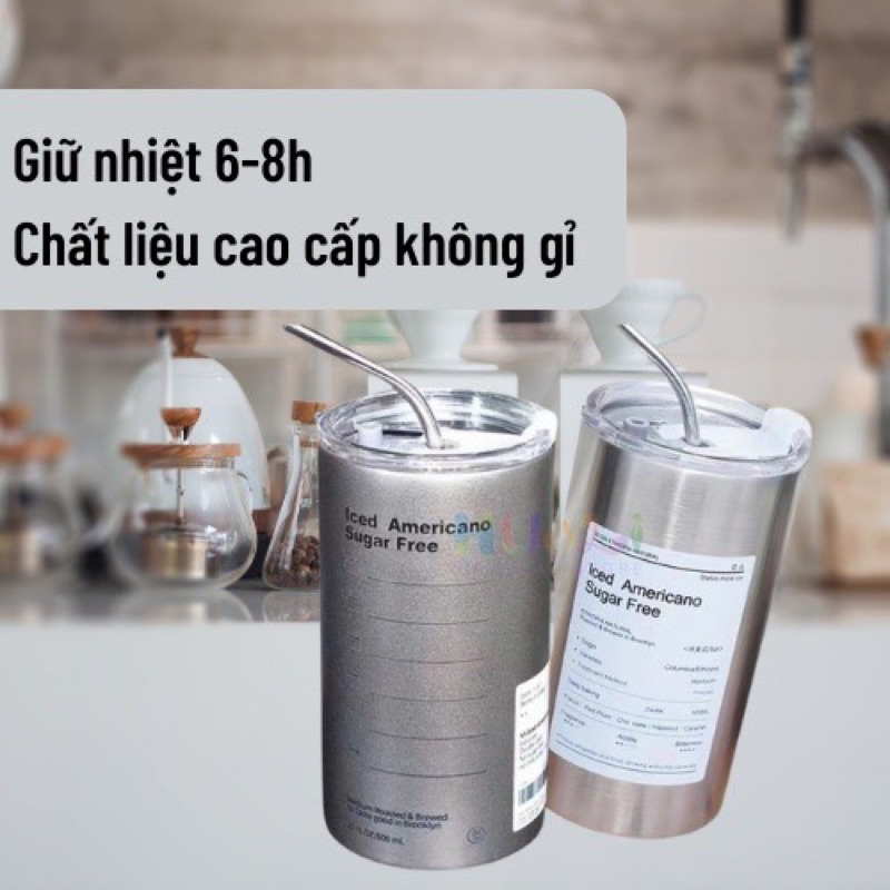 Bình giữ nhiệt, cốc uống nước Iced Americano Inox 304 có Ống Hút Ly Uống Coffee 600ML Giữ Nhiệt ...