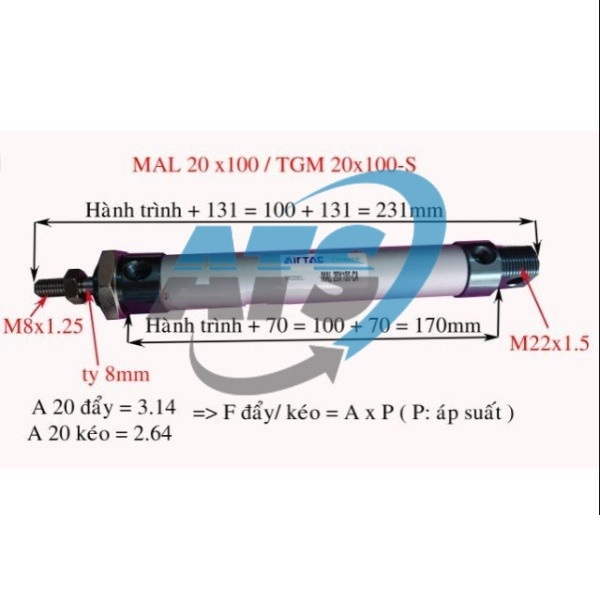 XI LANH KHÍ NÉN TRÒN MAL 20X25, 20X50, 20X75, 20X100, 20X150, 20X200 ...