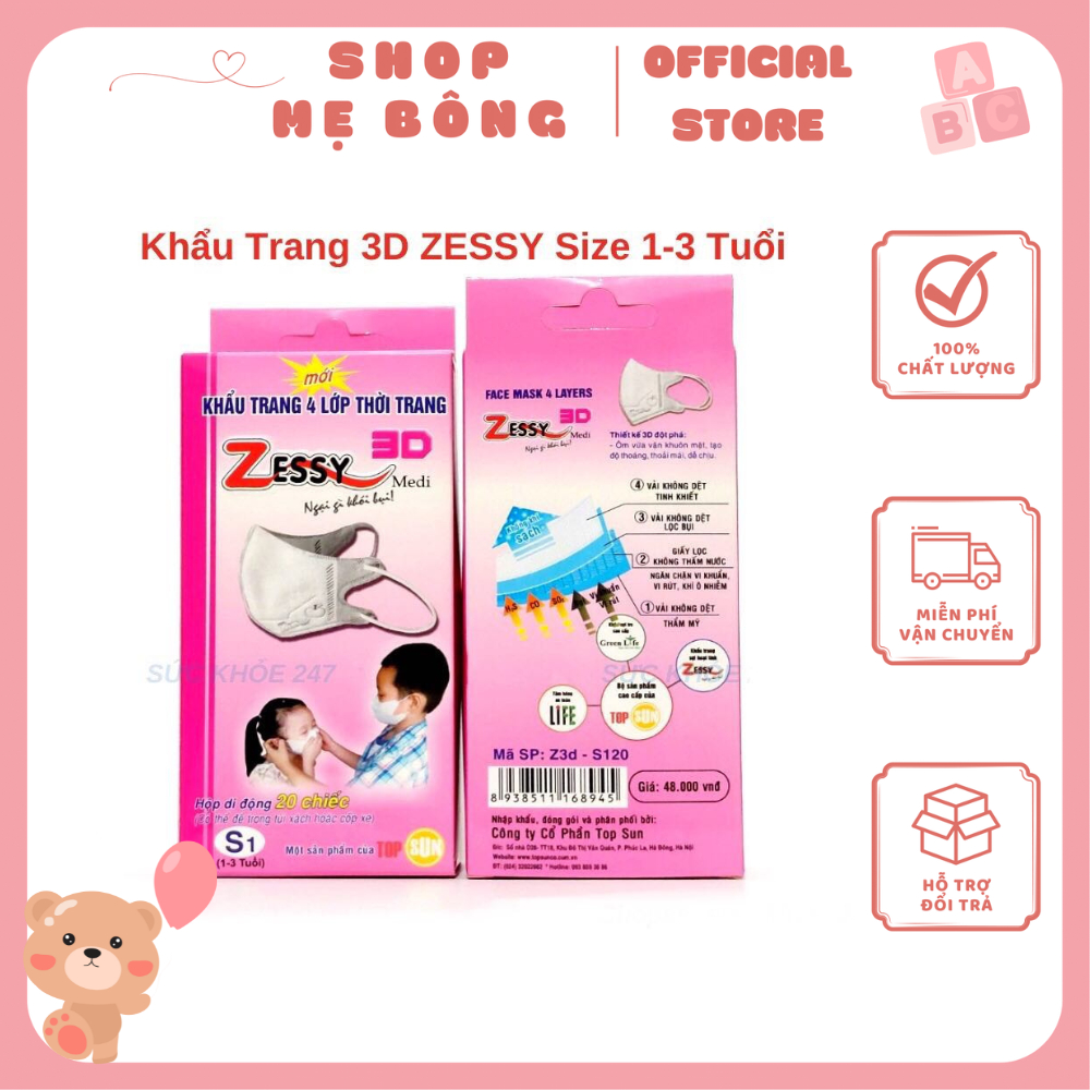 Khẩu trang 4 lớp Zessy 3D cho bé 1-3 tuổi (Hộp 20 chiếc) | Shopee Việt Nam