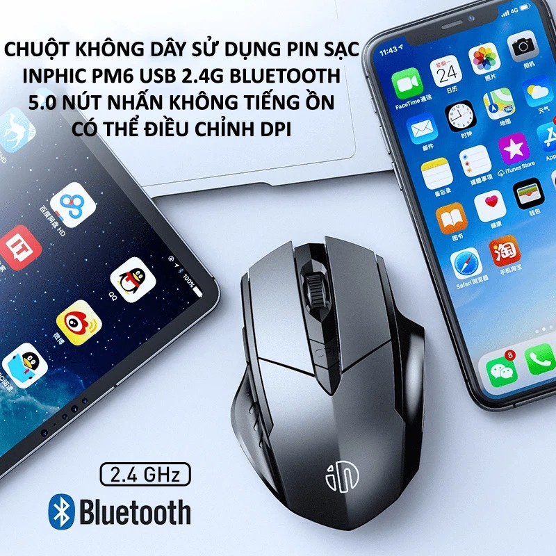 Chuột không dây INPHIC PM6BS / PM6 sử dụng pin sạc kết nối bằng USB 2.4G và Bluetooth 5.0 - VL ...