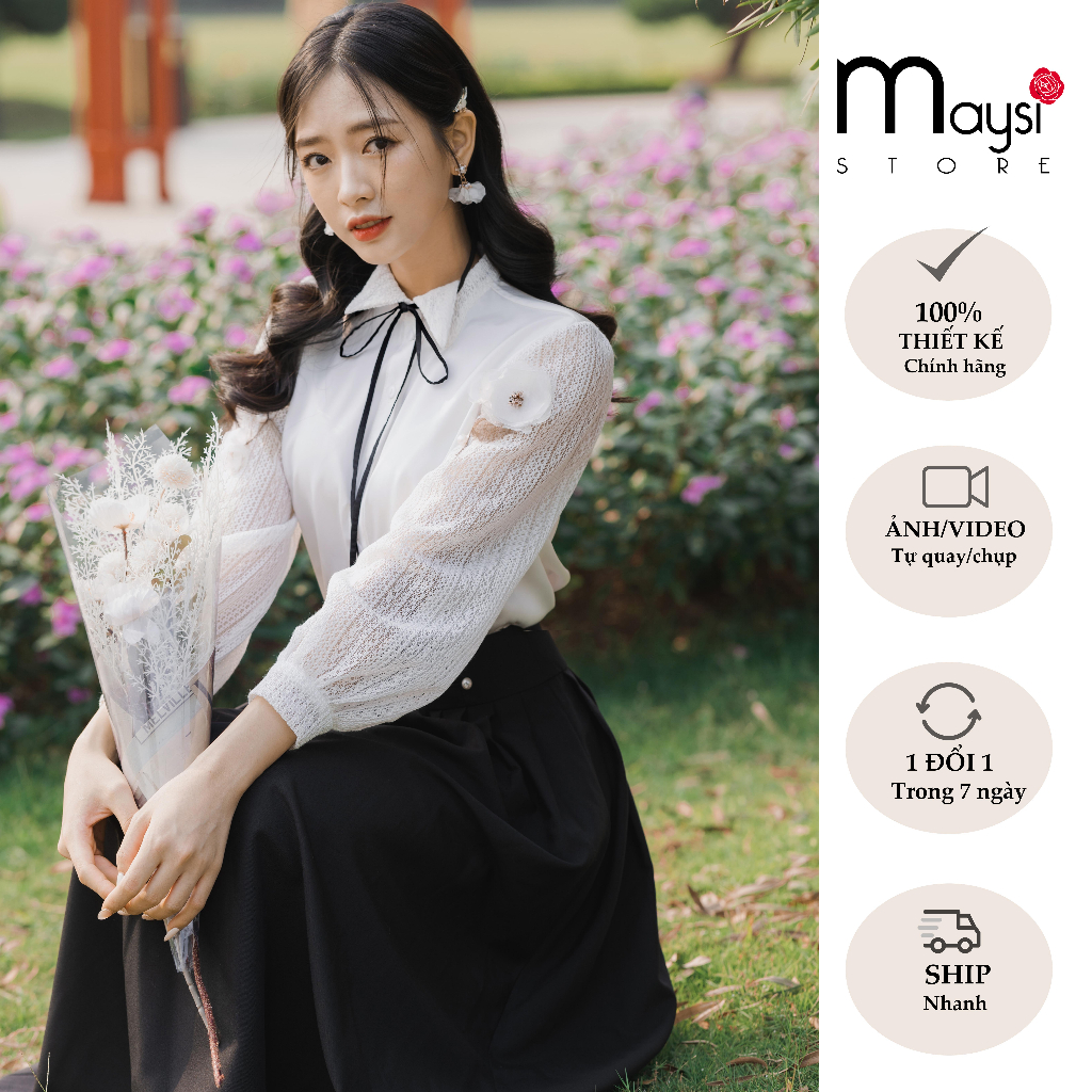 Sơ mi Maysi thiết kế đính nơ tay phối ren thêu hoa nổi cao cấp | Shopee ...