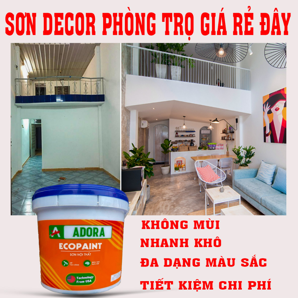 Sơn tường trong nhà - Sơn decor phòng trọ- Sơn ký túc xá - Adora Eco siêu tiết kiệm LON 5 LÍT ...