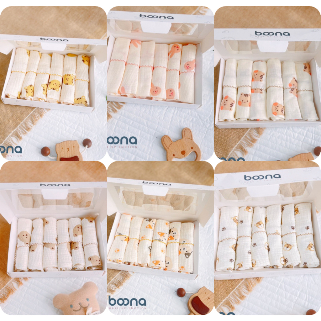 BOONA Hộp 6 khăn sữa xô nhăn em bé sơ sinh 30x30cm | Shopee Việt Nam