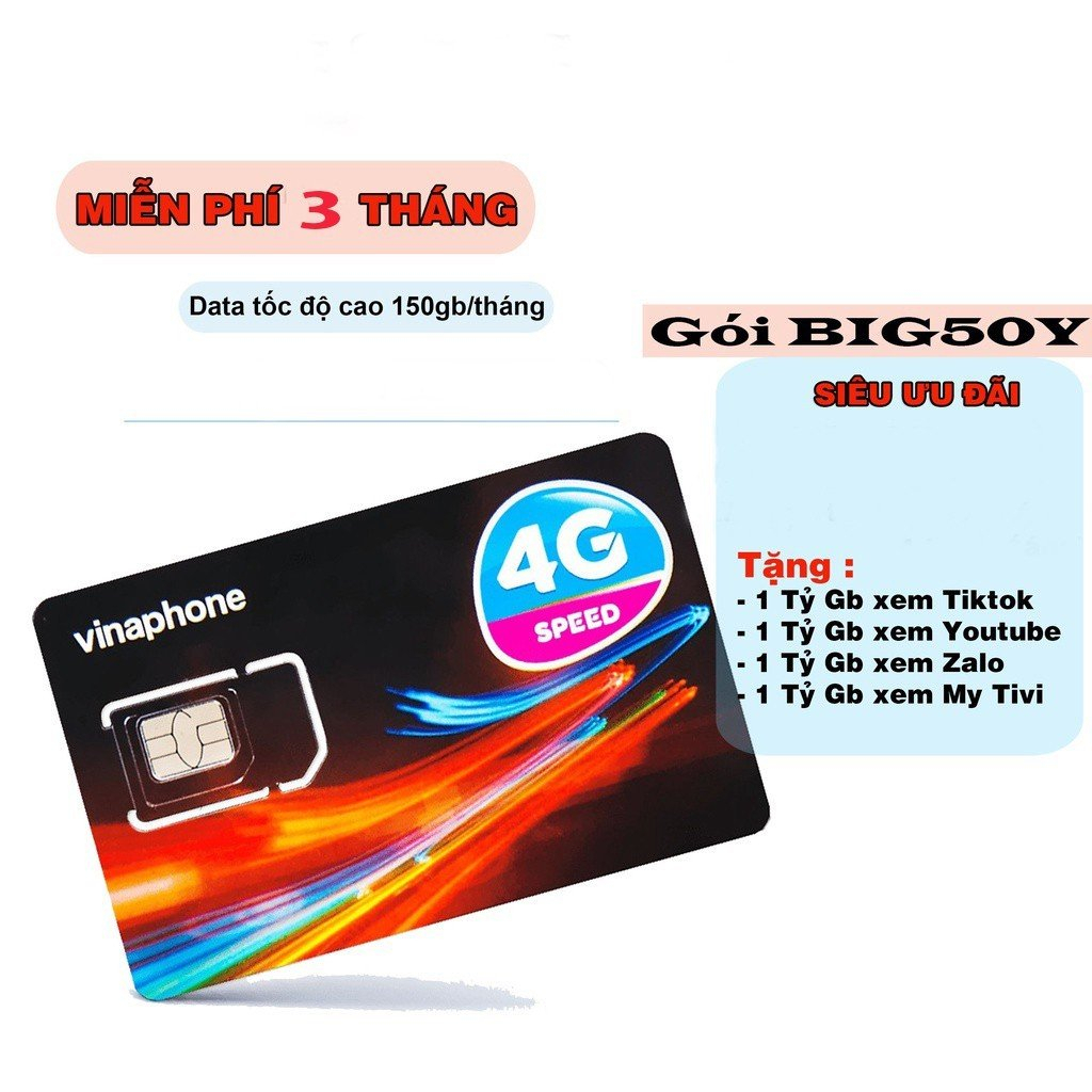 Sim 4G Vinaphone Big50y có 5GB/ngày tốc độ cao ( Miễn phí 3 tháng) Free tỷ Gb toptop, yotbe, zlo ...