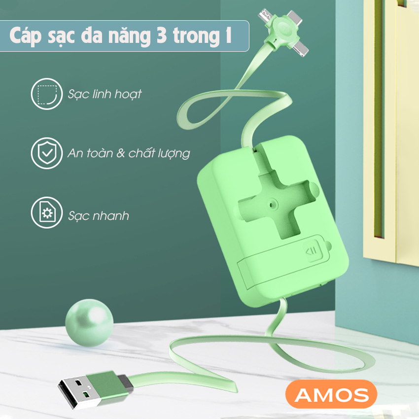 Cáp sạc dây rút AMOS cao cấp, kết hợp 3 đầu sạc nhanh đa năng cho mọi ...
