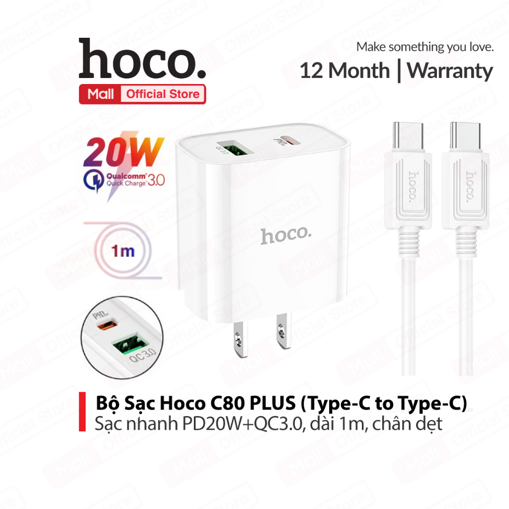 Bộ sạc Hoco C80 PLUS sạc nhanh PD20W+QC3 1 cổng USB và 1 cổng TypeC chân dẹt, kèm dây cáp Type-C ...