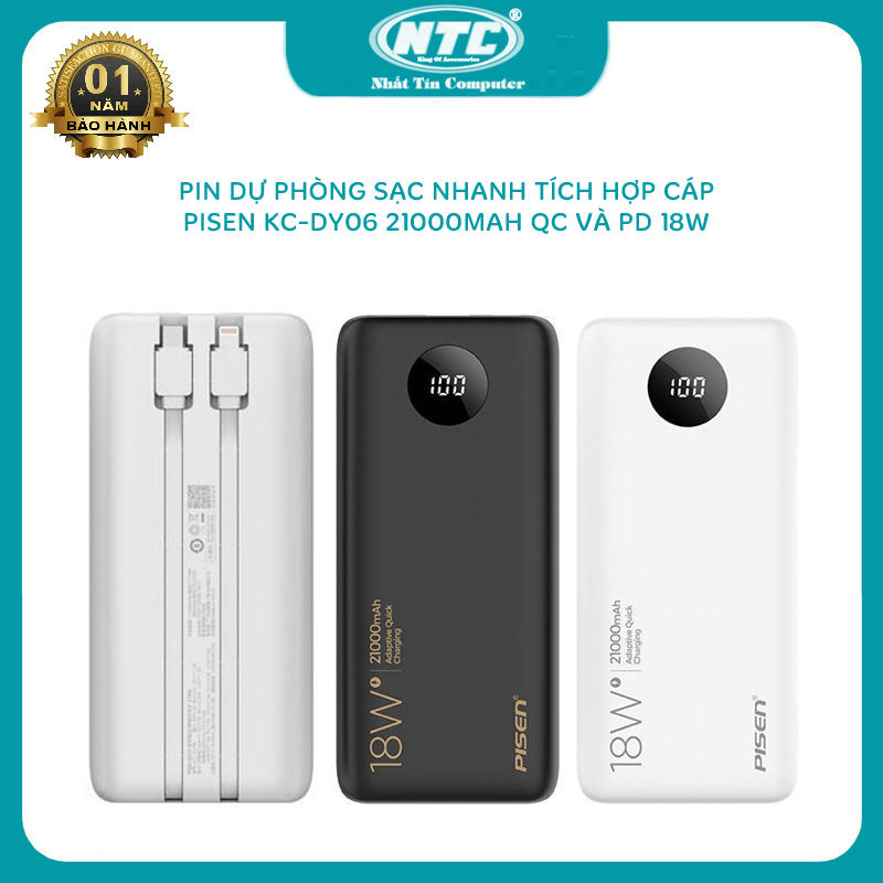 Pin dự phòng sạc nhanh Pisen Quick KC-DY06 21000mAh hỗ trợ QC / PD 18W - tích hợp 2 cáp sạc ...