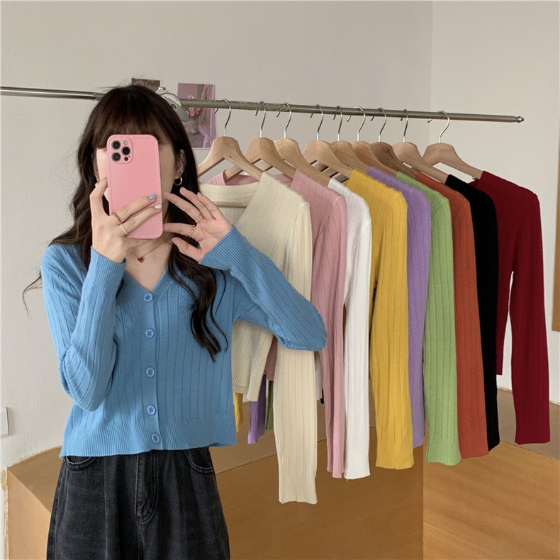 Áo khoác cardigan len nữ tay dài kiểu cổ tim chất len gân phong cách ...