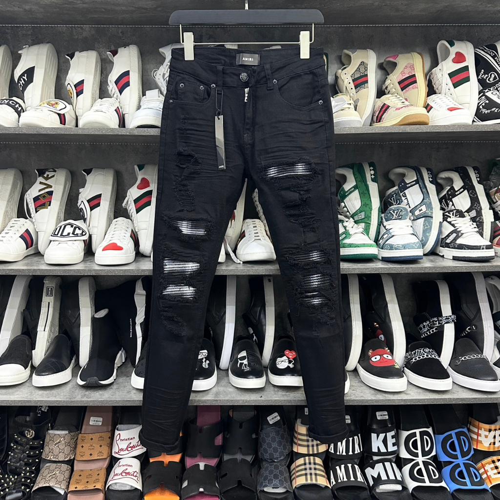 Quần jean bò nam slimfit Amiri đen rách xước xù vá vải nhăn sọc đen ...
