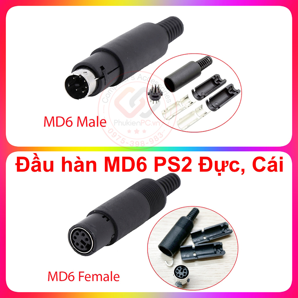 Đầu hàn MD6 PS2 Mini DIN 6Pin Đực Cái dùng hàn cáp PS2 cáp điều khiển ...