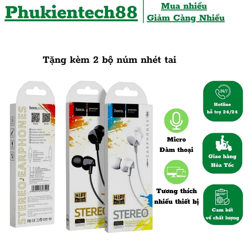 Tai nghe nhét tai Hoco M60 chống ồn có micro tích hợp điều khiển cuộc gọi tặng kèm 2 bộ núm nhét ...