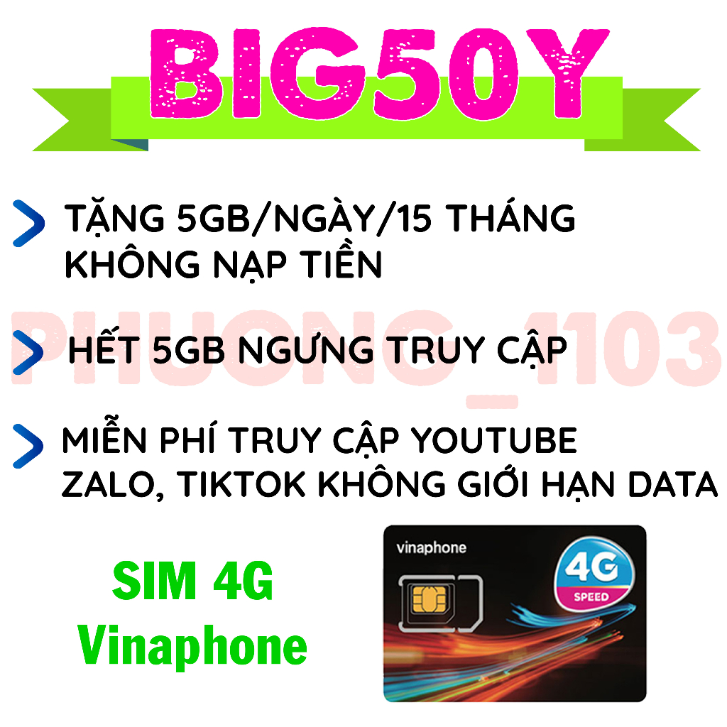 Sim 4G vina BIG50Y tặng 5gb/ngày miễn phí 3 và 15 tháng không phải nạp tiền | Shopee Việt Nam