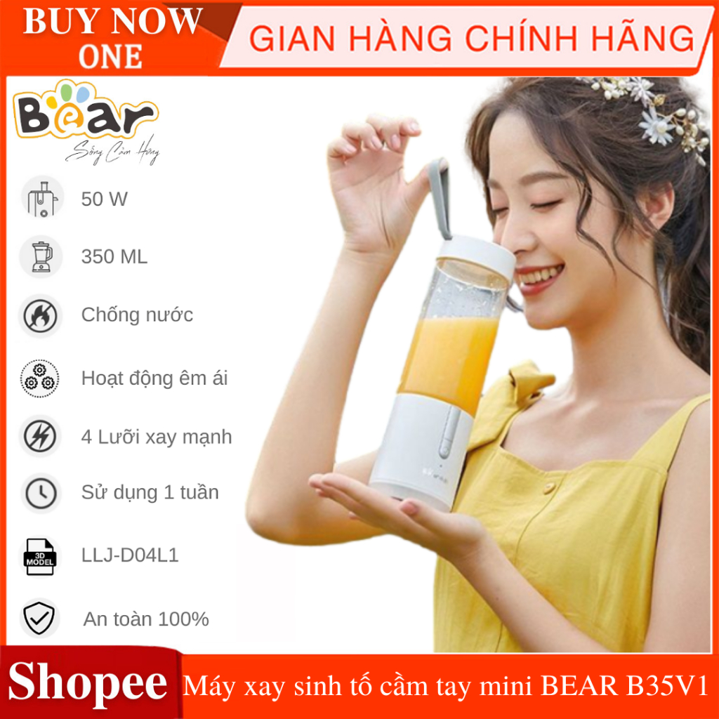 Máy xay sinh tố cầm tay BEAR B35V1, dung tích 350ml, công suất 50w, tích hợp pin giúp xay mọi ...