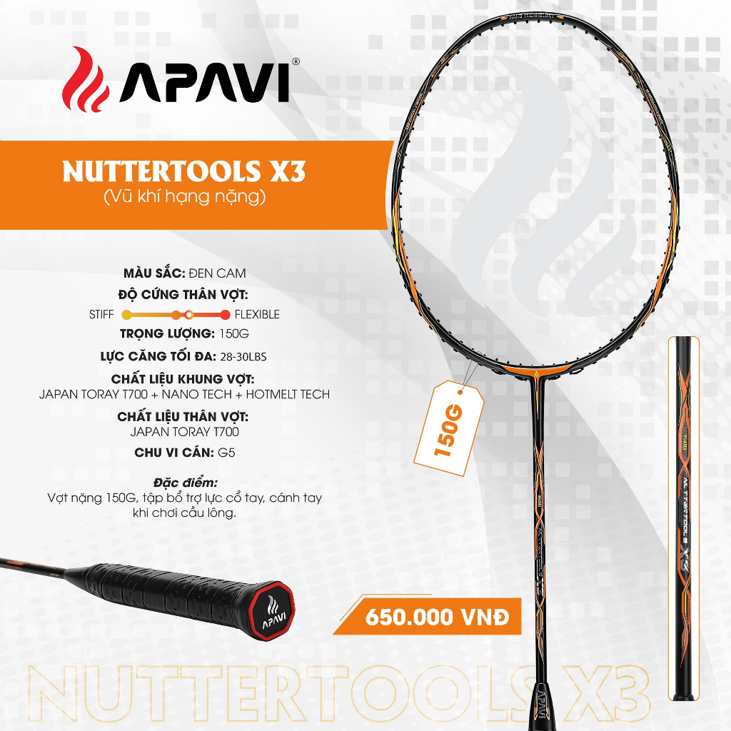 Vợt tập lực cổ tay Apavi NUTTERTOOLS X3 chính hãng, 150G Đen cam, căng ...