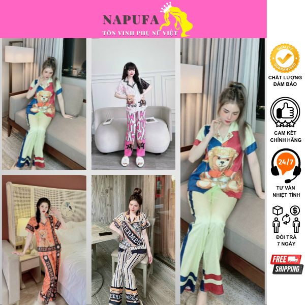 Đồ bộ nữ Pijama tay ngắn cổ bẻ in hình 3D NAPUFA lụa xước latin cao cấp ...