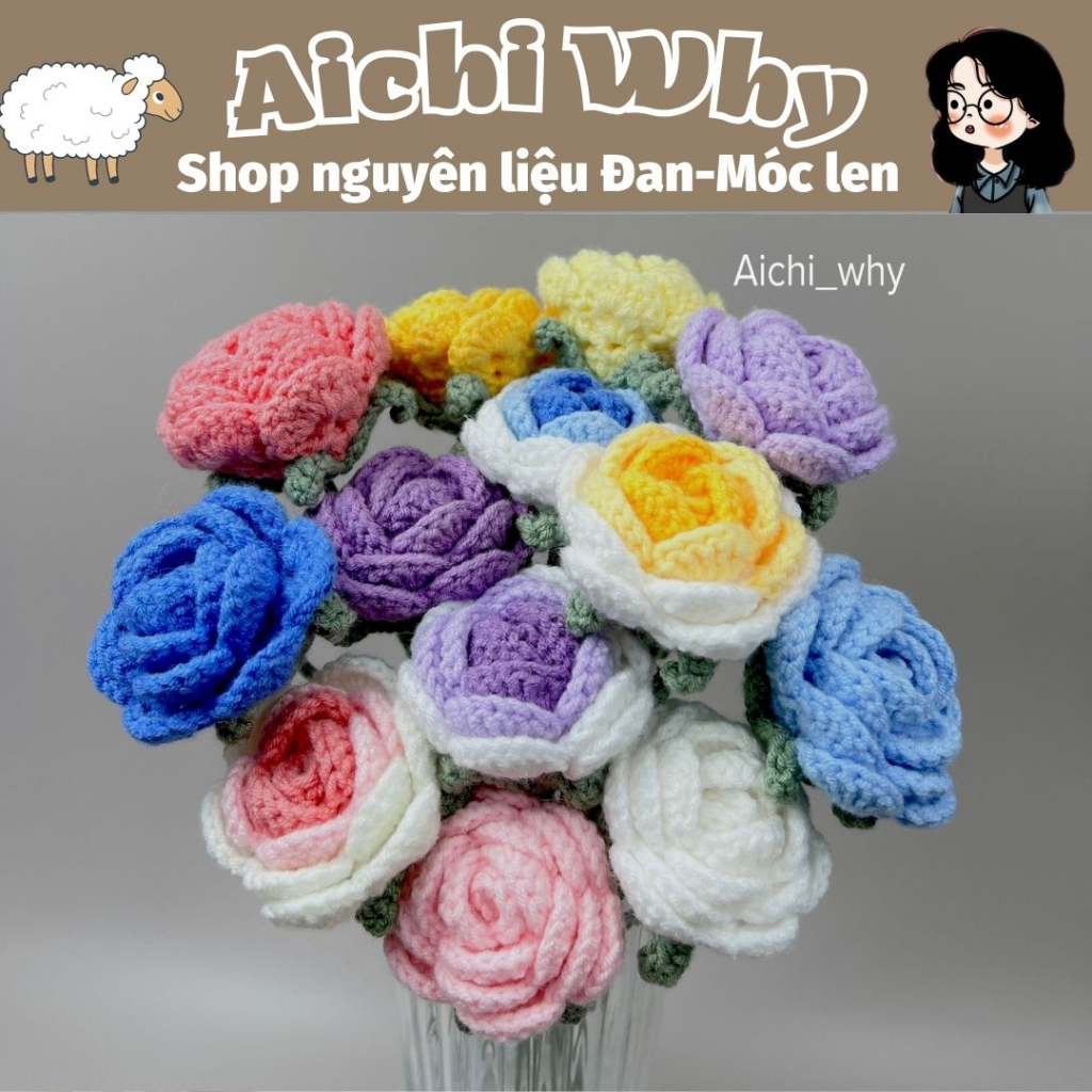 {DIY} Set nguyên liệu móc Len hoa hồng(4 bông) + video hướng dẫn ...