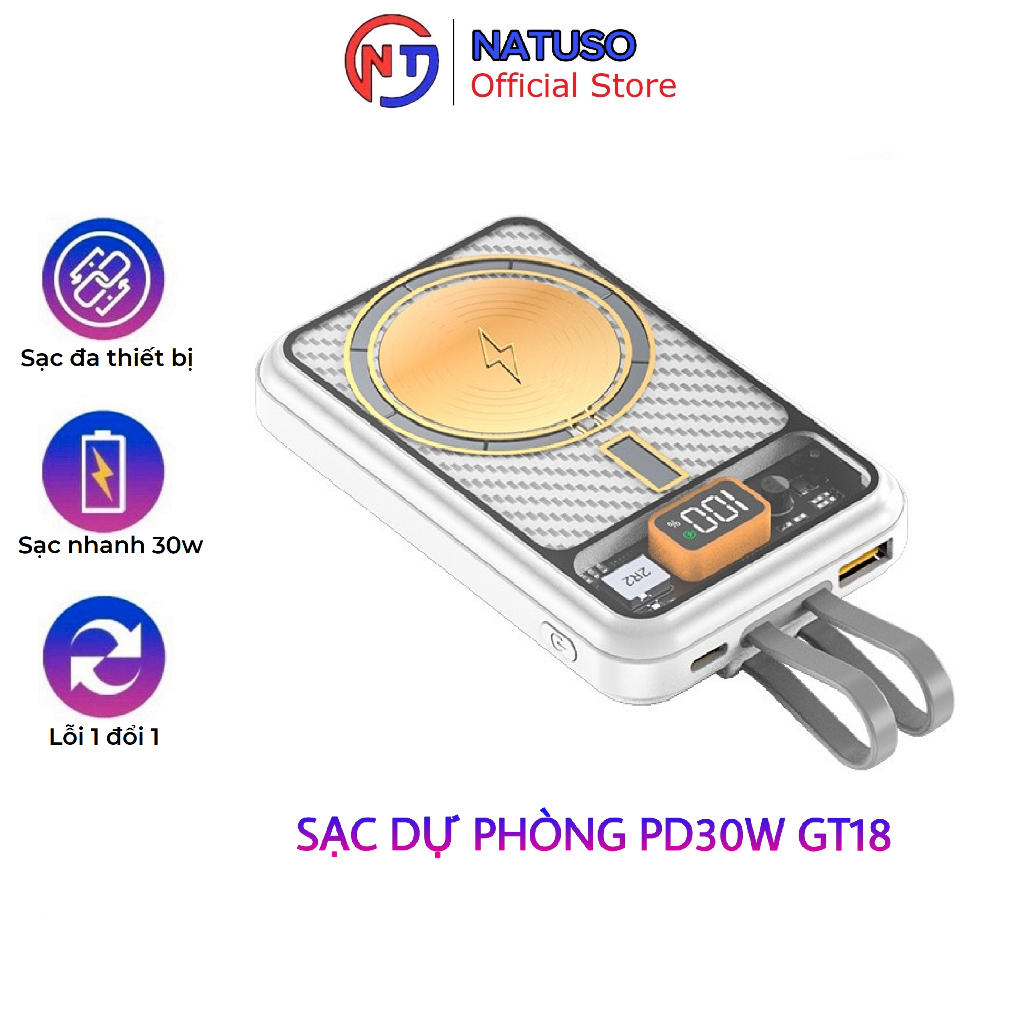 Sạc dự phòng không dây Natuso GT18 sạt nhanh PD 30W pin 18000mah tích ...