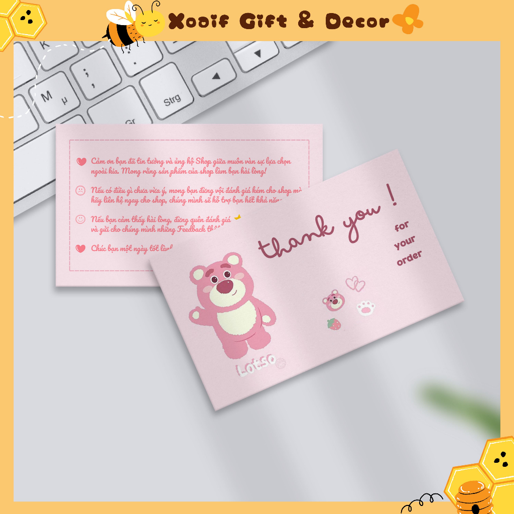 Hộp 100 thiệp cảm ơn 2 mặt gấu dâu, card thank you cho shop tặng khách ...