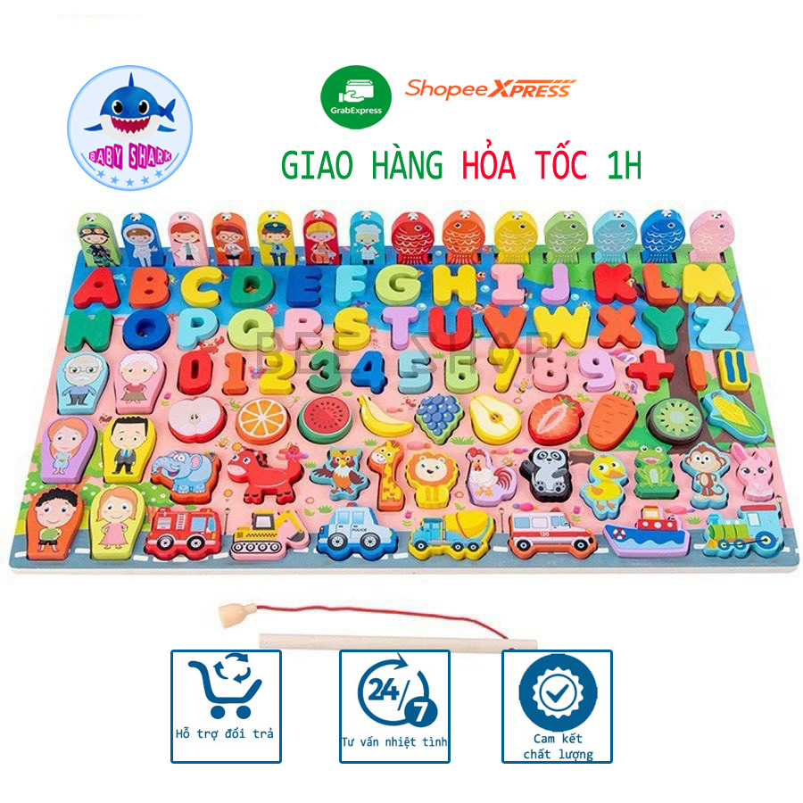 (Bản Tiếng Anh)Bộ Bảng Gỗ Câu Cá 7 Trong 1 và Ghép Hình Học, Chữ Số, Chữ Cái, Phương Tiện Giao ...