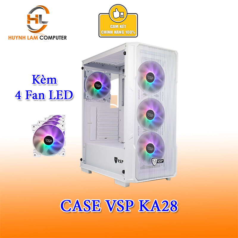 Vỏ máy tính Case VSP KA28 [TRẮNG] sẵn 4 Fan LED Gaming Kính cường lực (ITX, MICRO-ATX, ATX ...