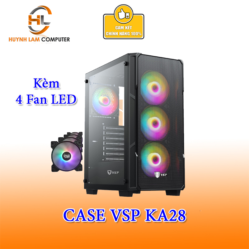 Vỏ máy tính Case VSP KA28 [ĐEN] sẵn 4 Fan LED Gaming Kính cường lực (ITX, MICRO-ATX, ATX ...
