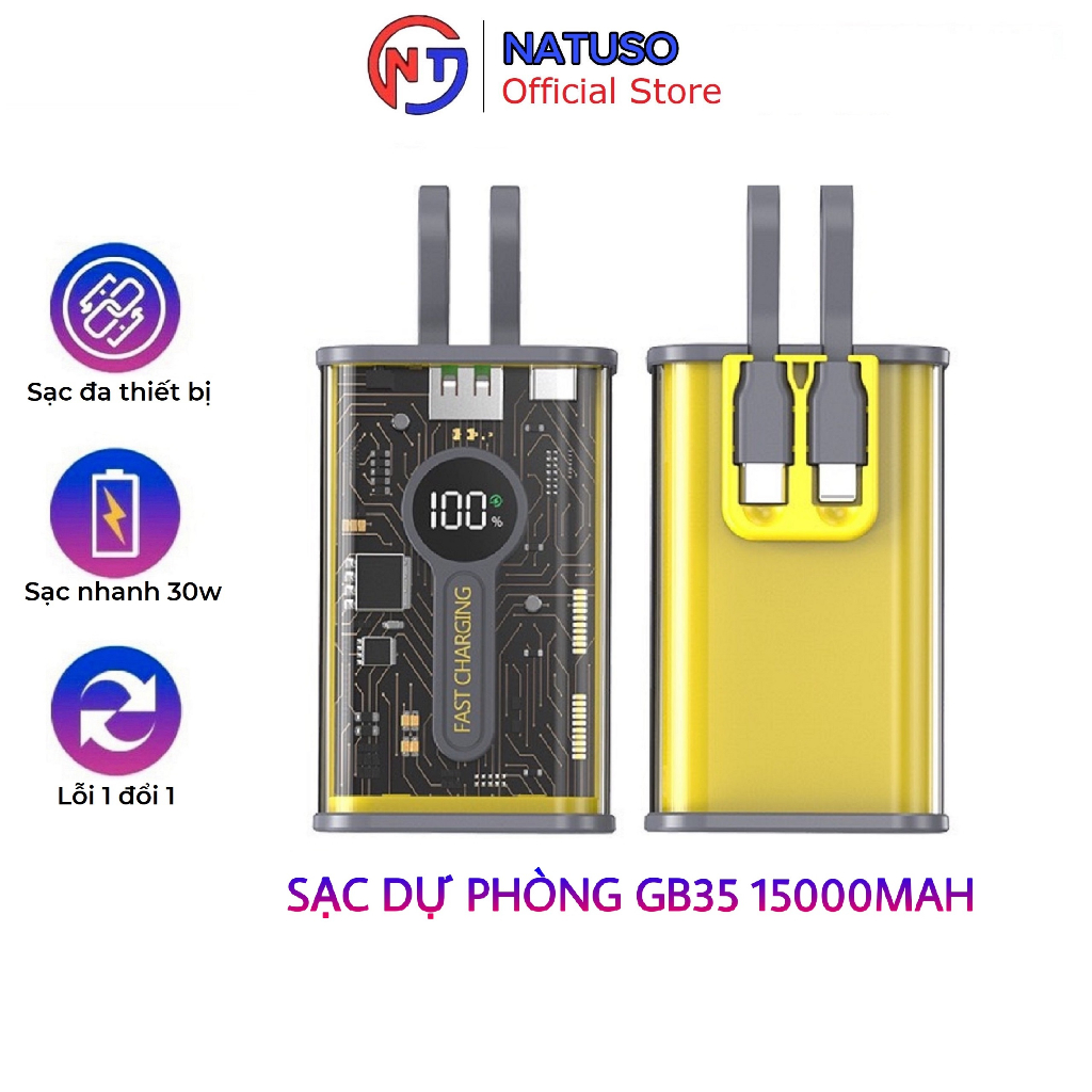Sạc dự phòng Natuso GB35 sạc nhanh 22,5w Pin 15000mah vỏ trong suốt ...